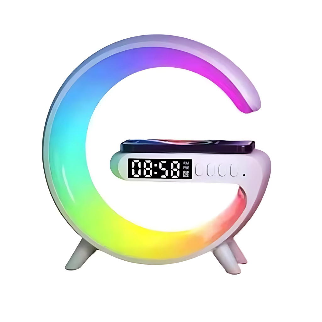 Boxa Portabila 4 în 1 cu LED RGB, Ceas, Incarcare Wireless, Lumina de