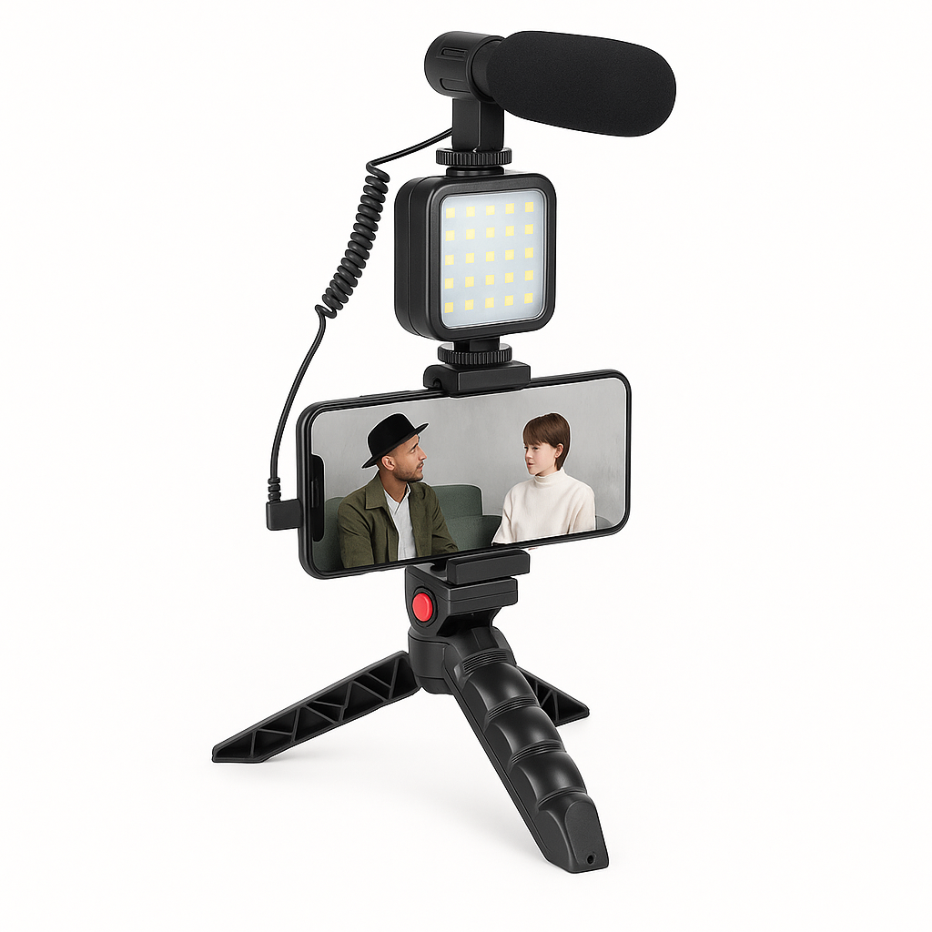 Kit Vlogging Smartphone cu Trepied, Microfon, Panou LED, Bluetooth – F